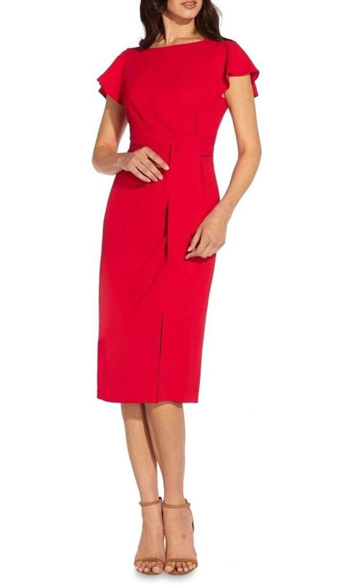 Adrianna Papell AP1D104792 - Long Crepe Sheath Dress - Short Flutter Sleeves, Tie Waist, High V ...