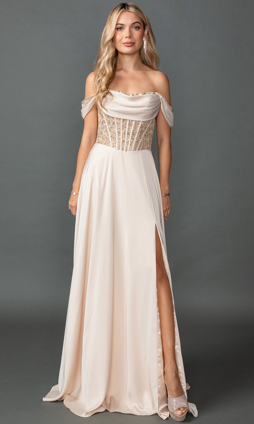 Dancing Queen 4546A - Long Satin A-Line Dress - Drape Sleeves, Corset ...