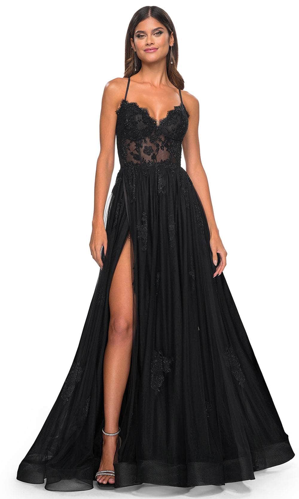 La Femme 32028 - Long Lace/Tulle A Line Dress - Spaghetti Straps, Lace ...