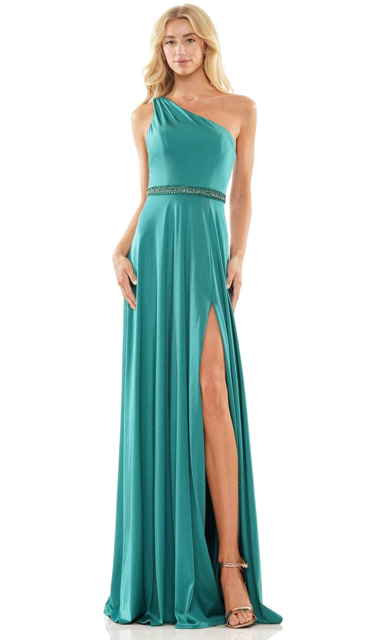 Colors Dress 2879 - Long Satin Lycra A-line Dress - One-Sleeve, Lace-Up ...