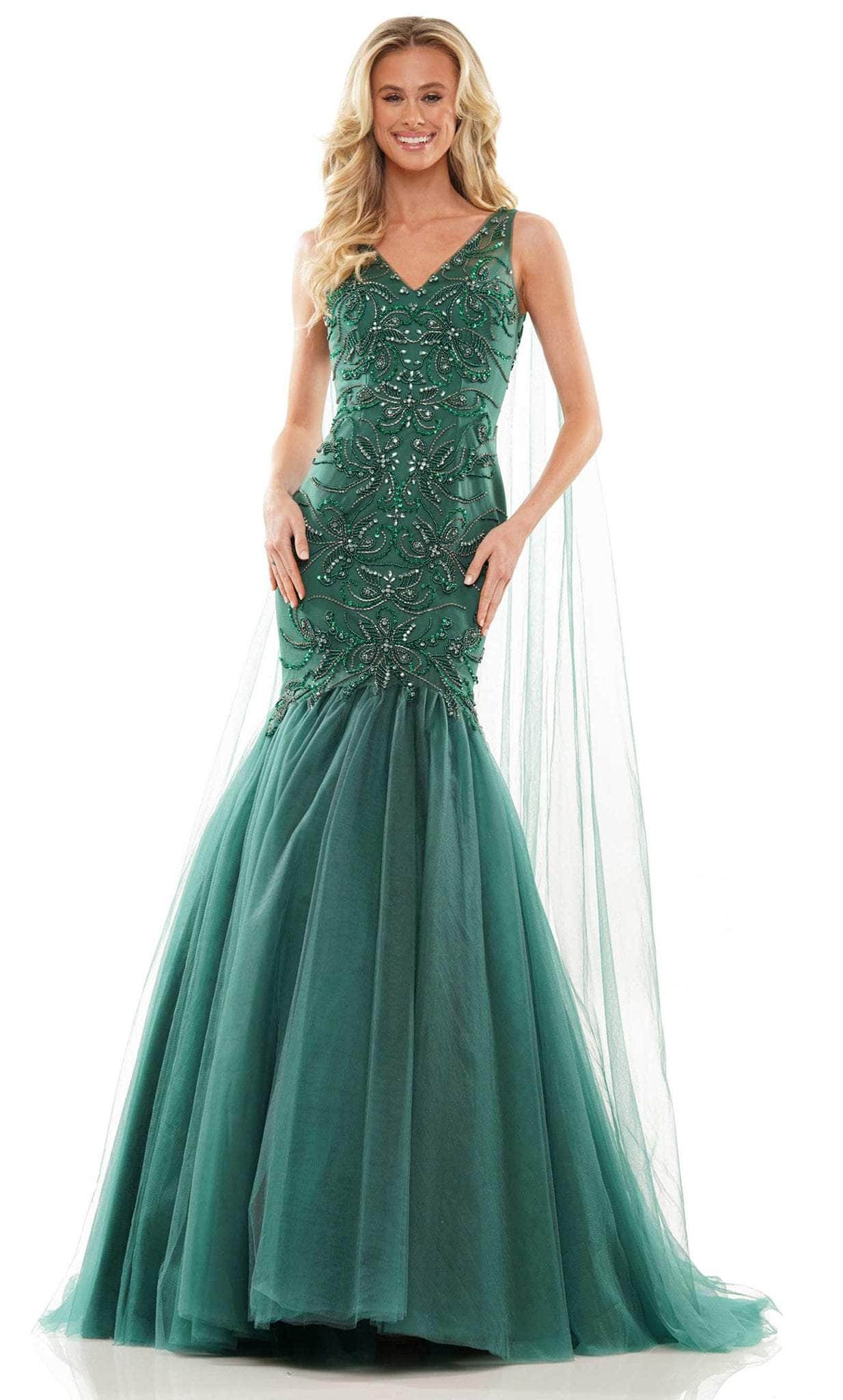 Colors Dress 2993 - Long Mesh Trumpet Dress - Sleeveless, Beaded, V ...